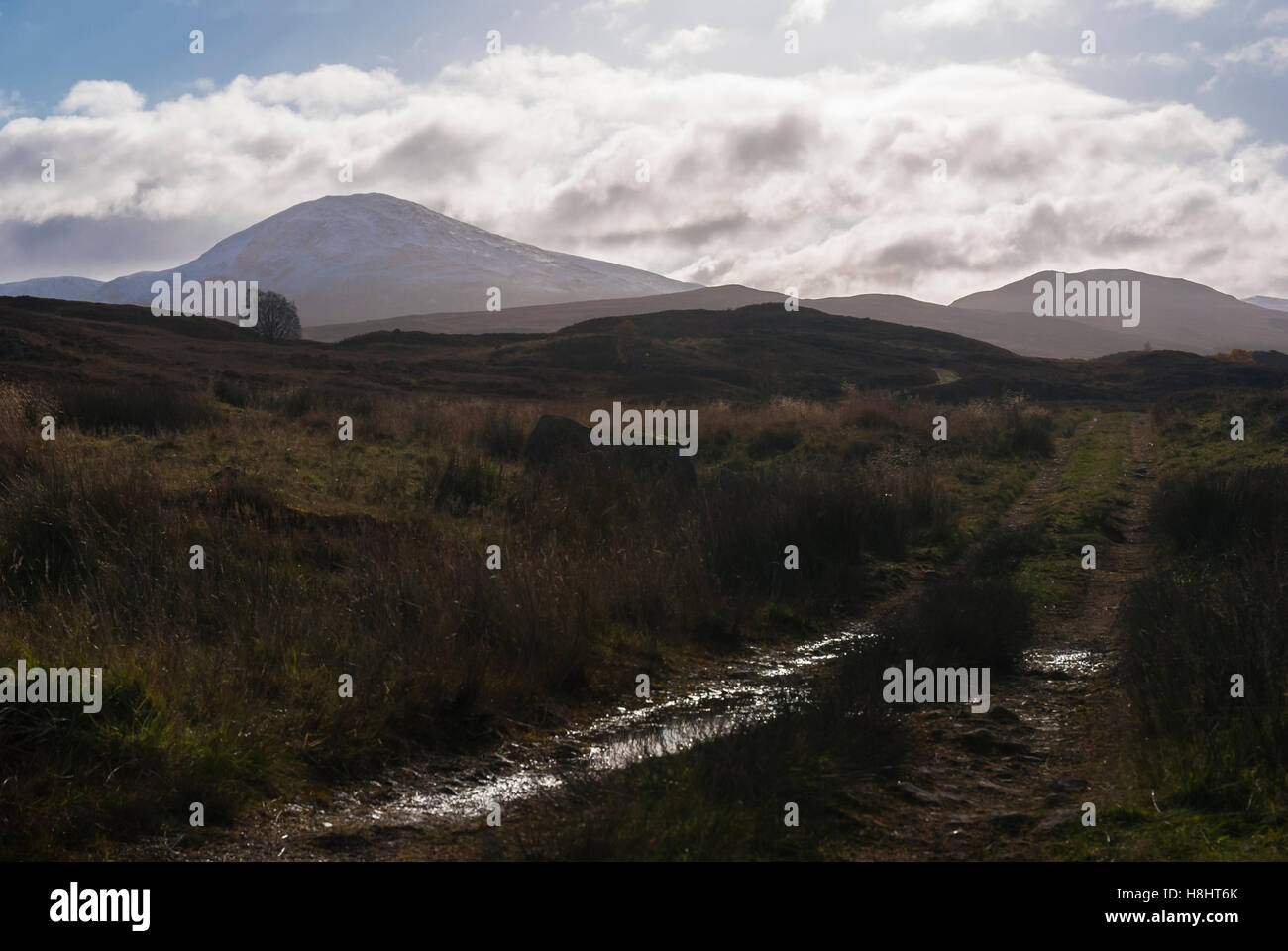 After the rain, a muddy wet track with mountains in the background ...