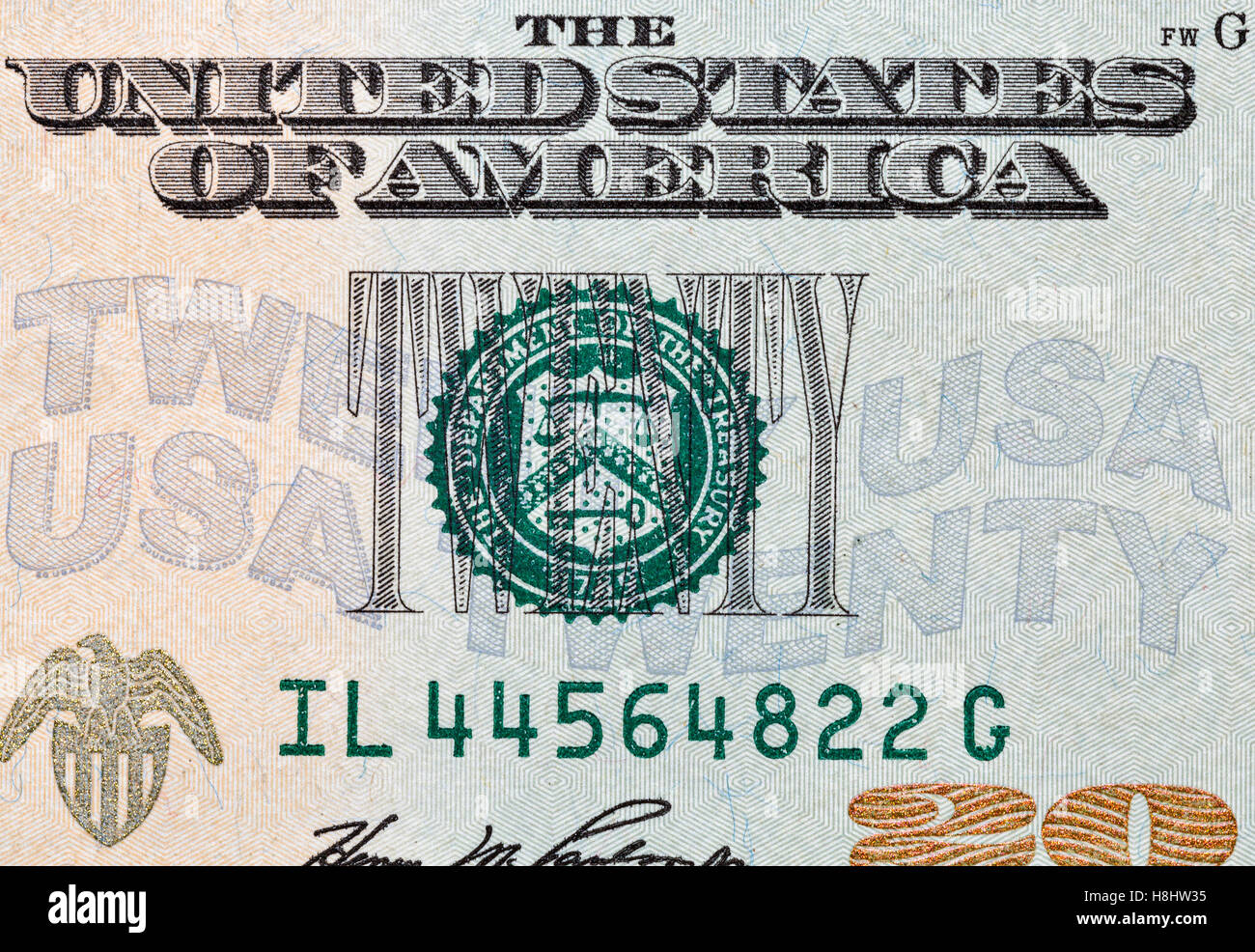Stamp of the Department of The Treasury on US twenty dollars bill ...