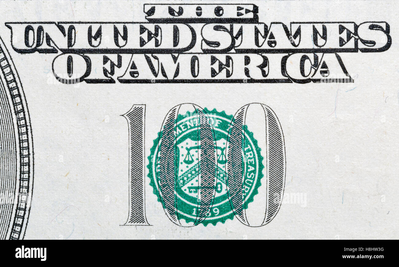 Stamp of the Department of The Treasury on US one hundred dollars bill ...
