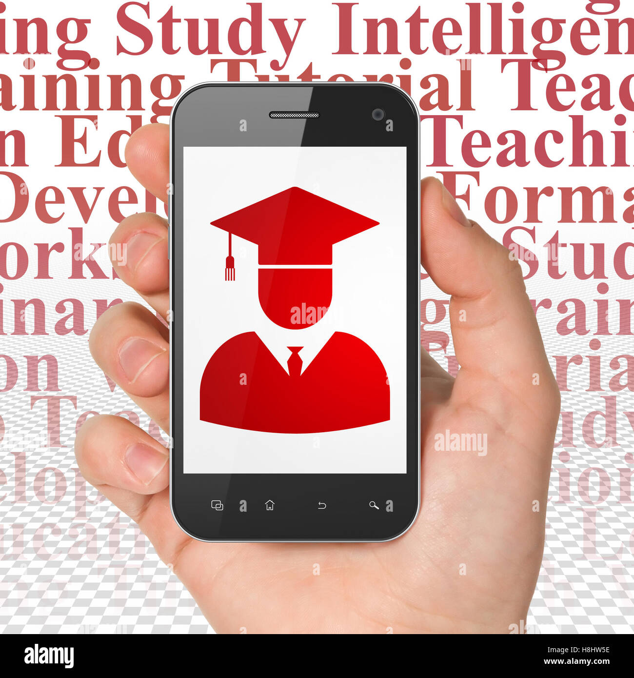 Education concept: Hand Holding Smartphone with Student on display ...