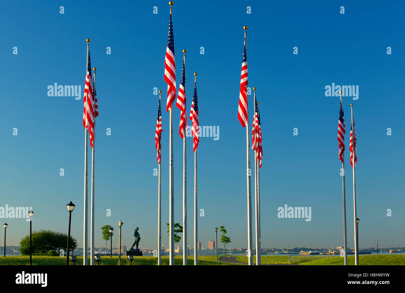 Liberation Monument with American flags, Liberty State Park, New Jersey ...