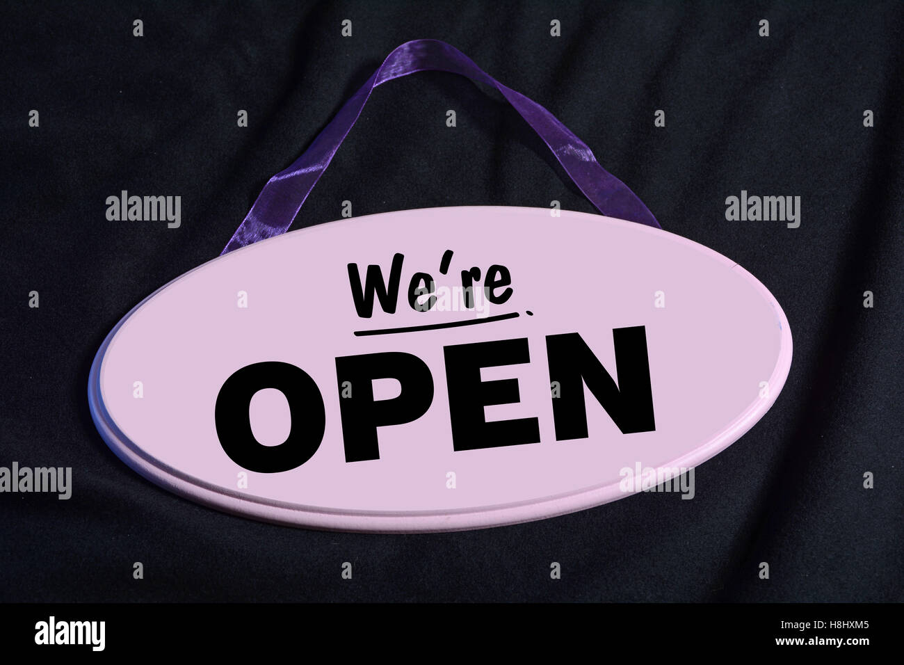 Wooden Pink Shop Sign with We're Open Words Stock Photo - Alamy