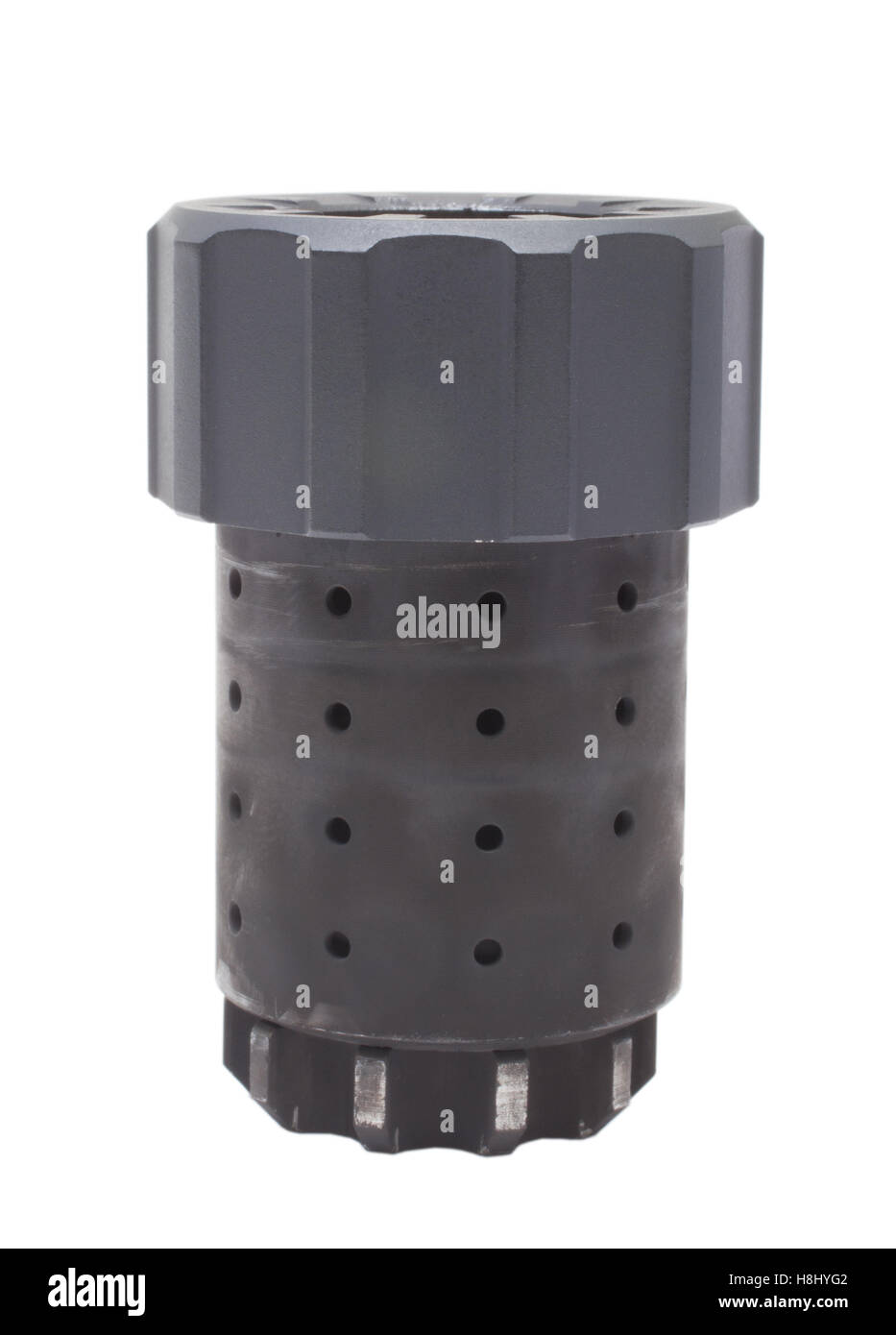 Side of the suppressor that mounts to a gun with its vents Stock Photo ...