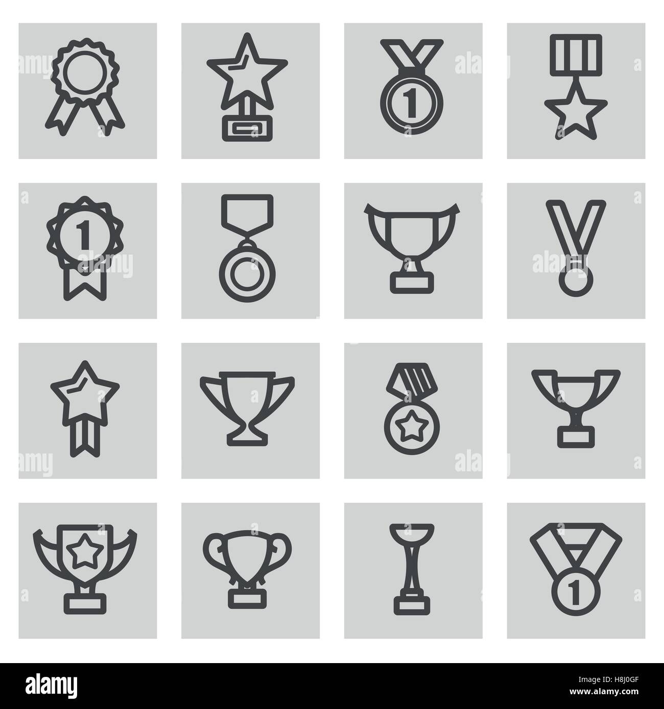Vector black line trophy and awards icons set on grey background Stock ...