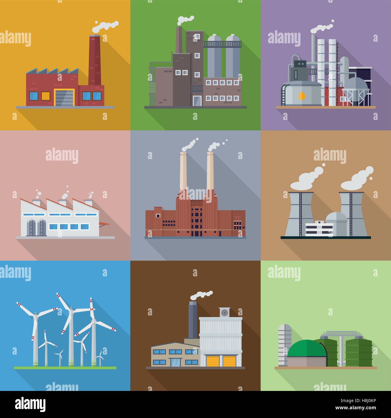 Factory and power plant building flat design long shadow vector ...