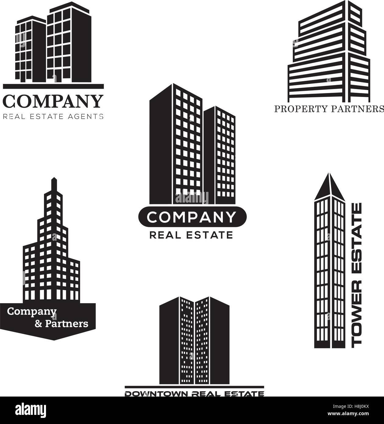 Set of six vector logo templates with contemporary tall buildings for ...