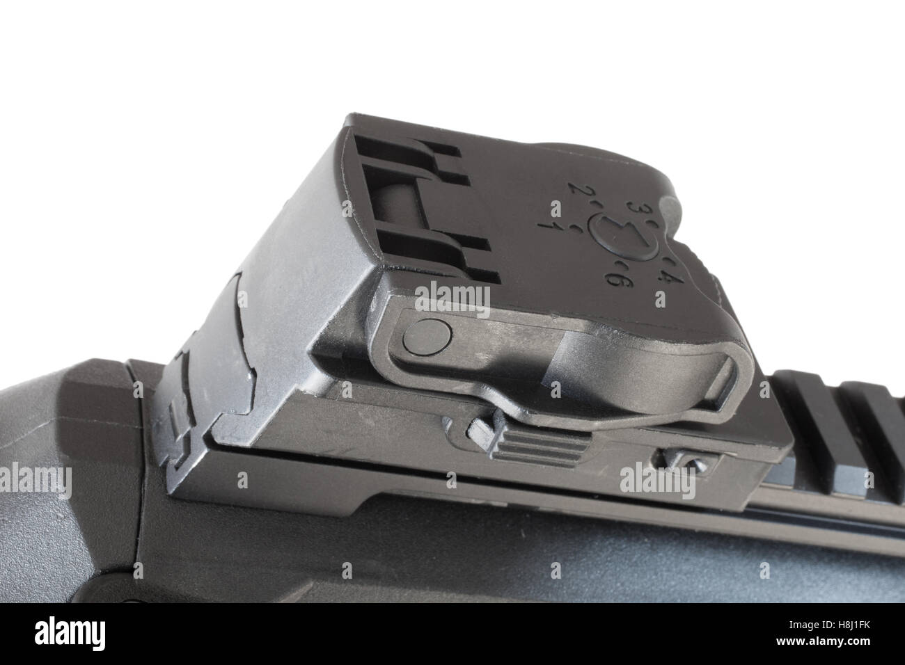 Rear sights on a modern rifle that are folded down Stock Photo - Alamy