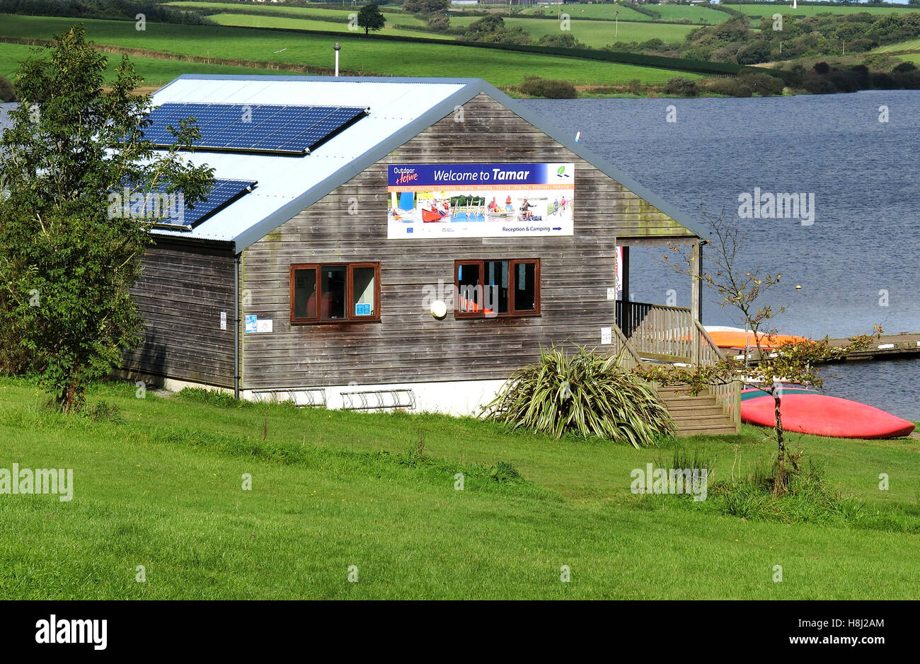Boat Clubhouse at Upper Tamar Lake, Cornwall Devon Border, England, UK ...