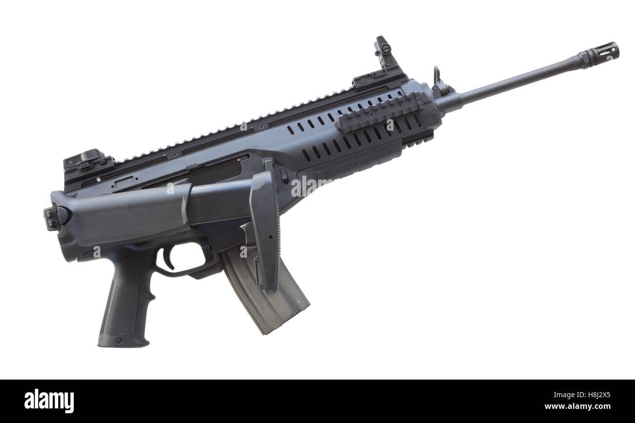 Assault rifle isolated on white with its adjustable stock folded Stock ...