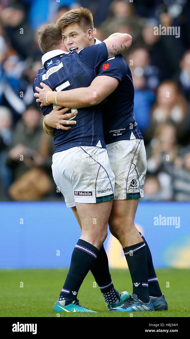 Scotland's Huw Jones celebrates scoring his side second try during the ...
