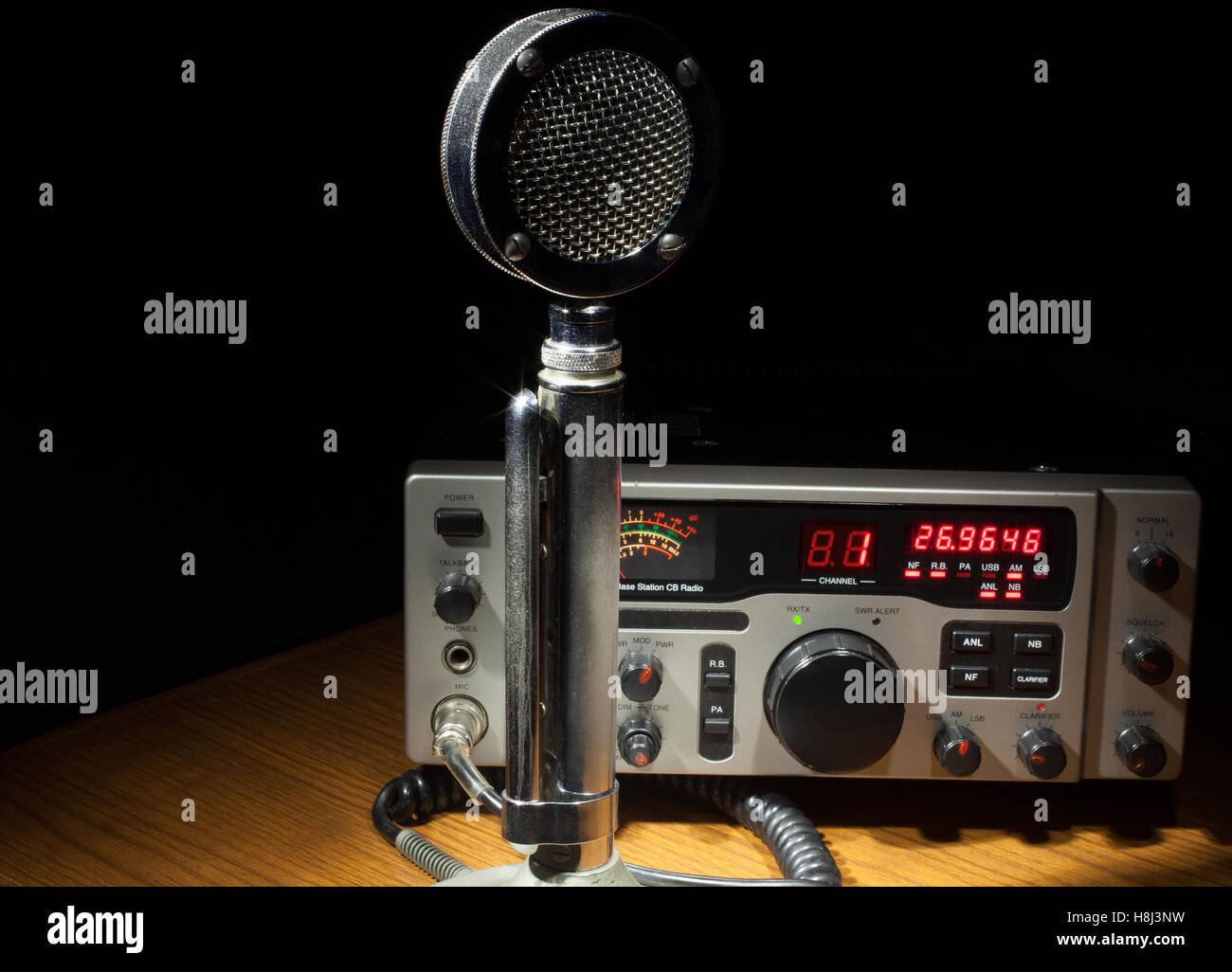 Two way radio on a table with an old metal microphone Stock Photo - Alamy