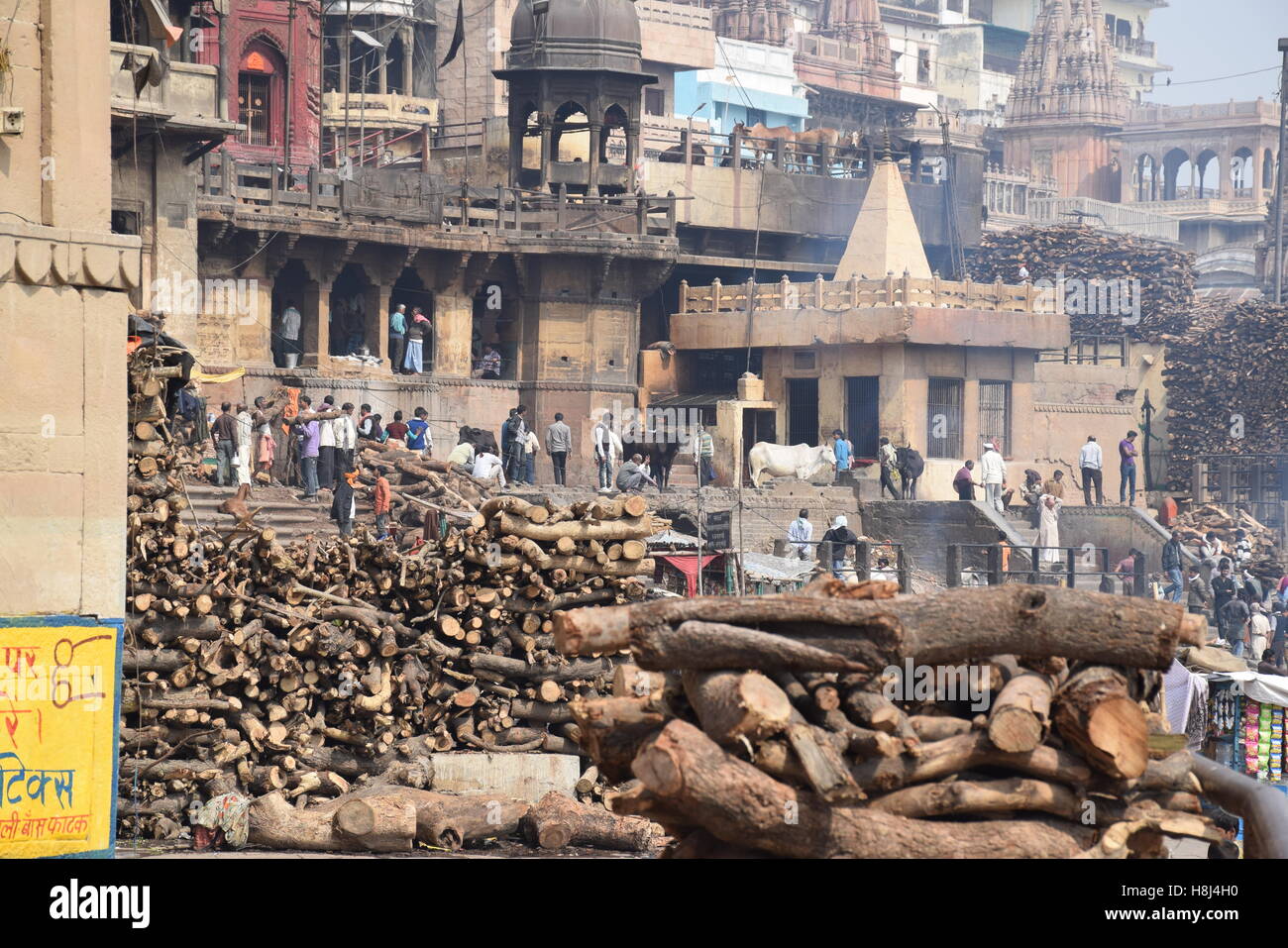 Wooden pyres for the cremation rituals on the ghats in Varanasi, Uttar ...