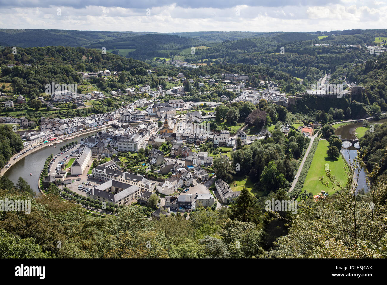 Aerial view Bouillon along river Semois with medieval castle in Belgian ...