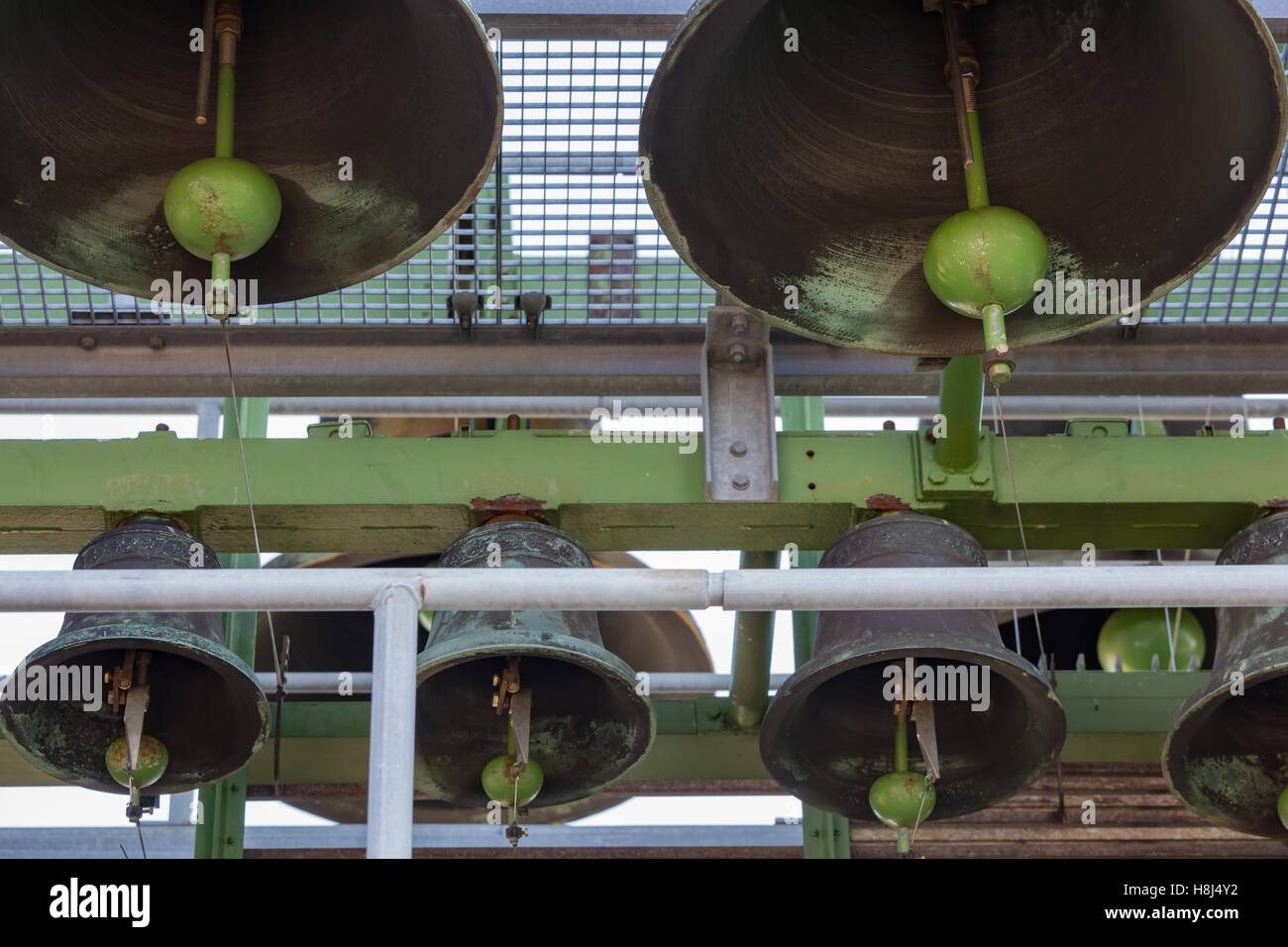 Bells of carillon in tower of Dutch city Emmeloord, the Netherlands ...