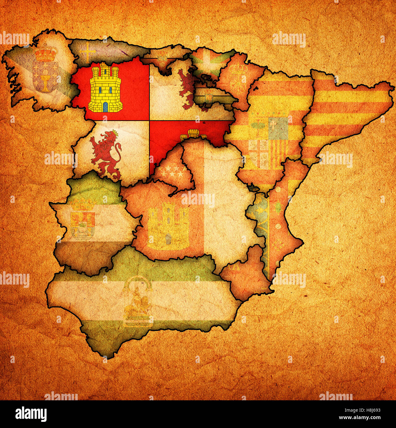 castilla and leon region on administration map of regions of spain with ...