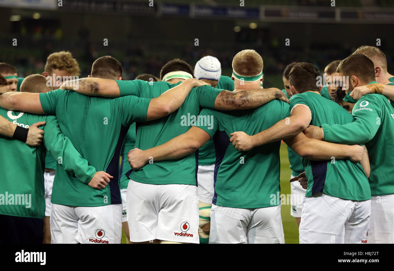 Ireland team huddle before the Autumn International match at the Aviva ...