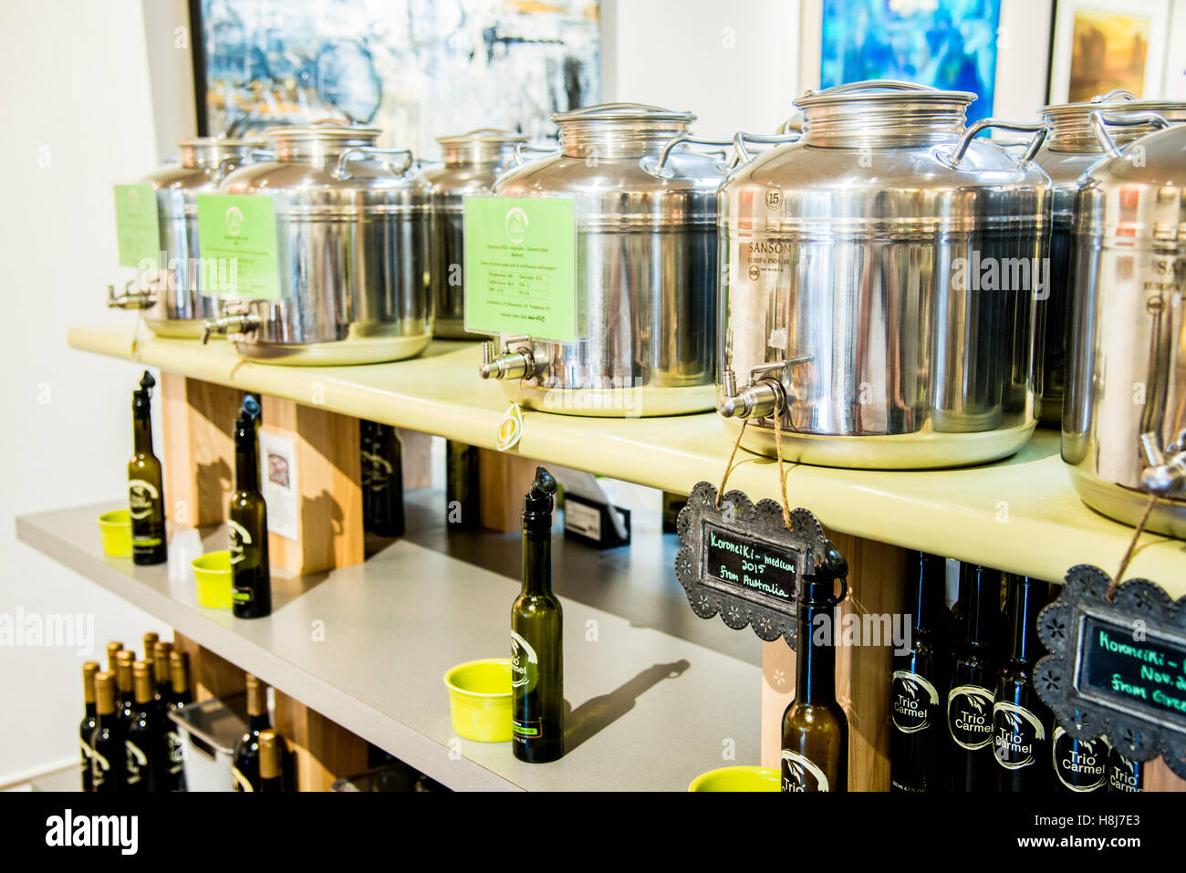 Olive Oil Tasting Display with Stainless Steel tanks Stock Photo - Alamy