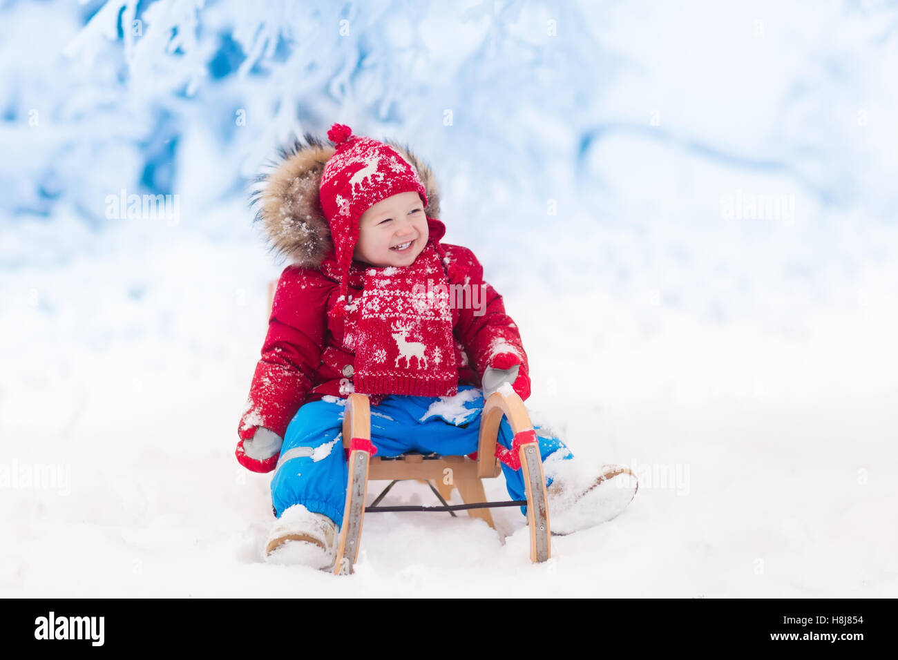 Little girl enjoying a sleigh ride. Child sledding. Toddler kid riding ...