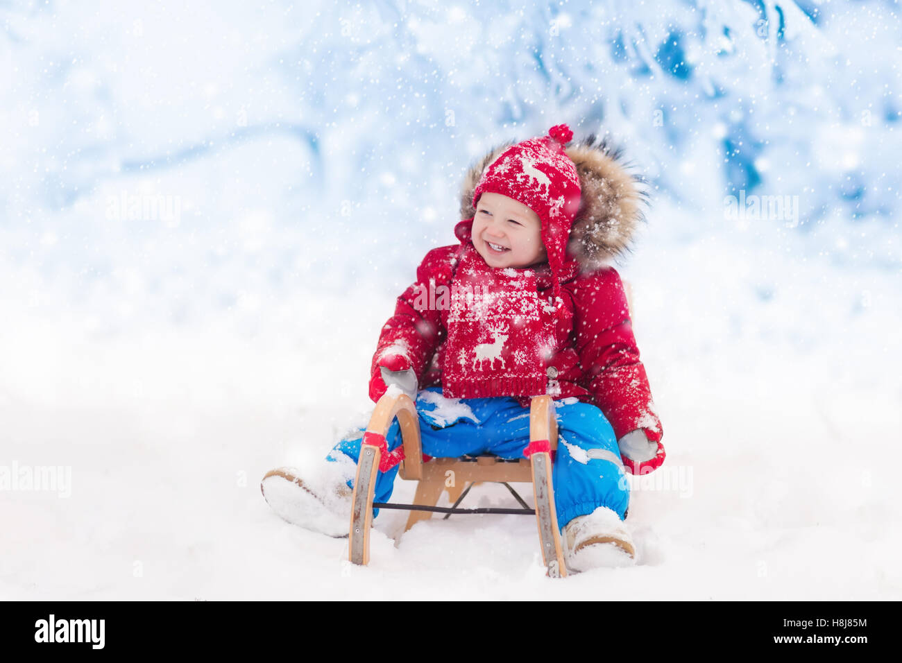 Little girl enjoying a sleigh ride. Child sledding. Toddler kid riding a sledge. Children play ...