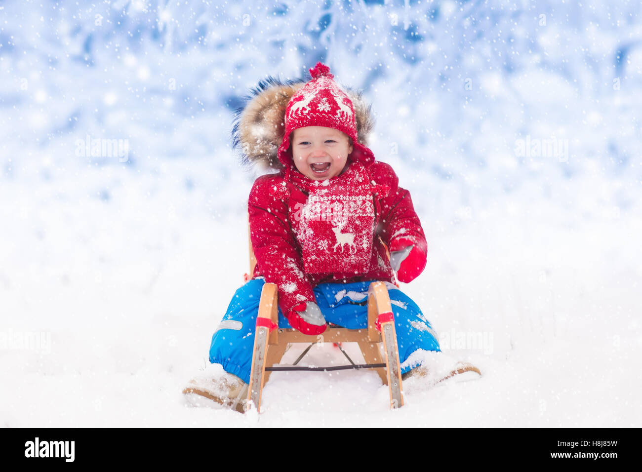 Little girl enjoying a sleigh ride. Child sledding. Toddler kid riding ...