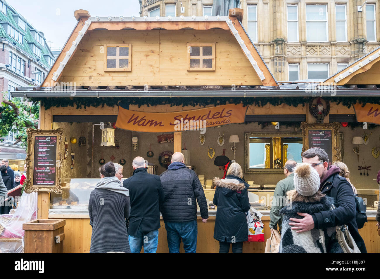 Temporary food stall as part of the Christmas markets in Manchester ...