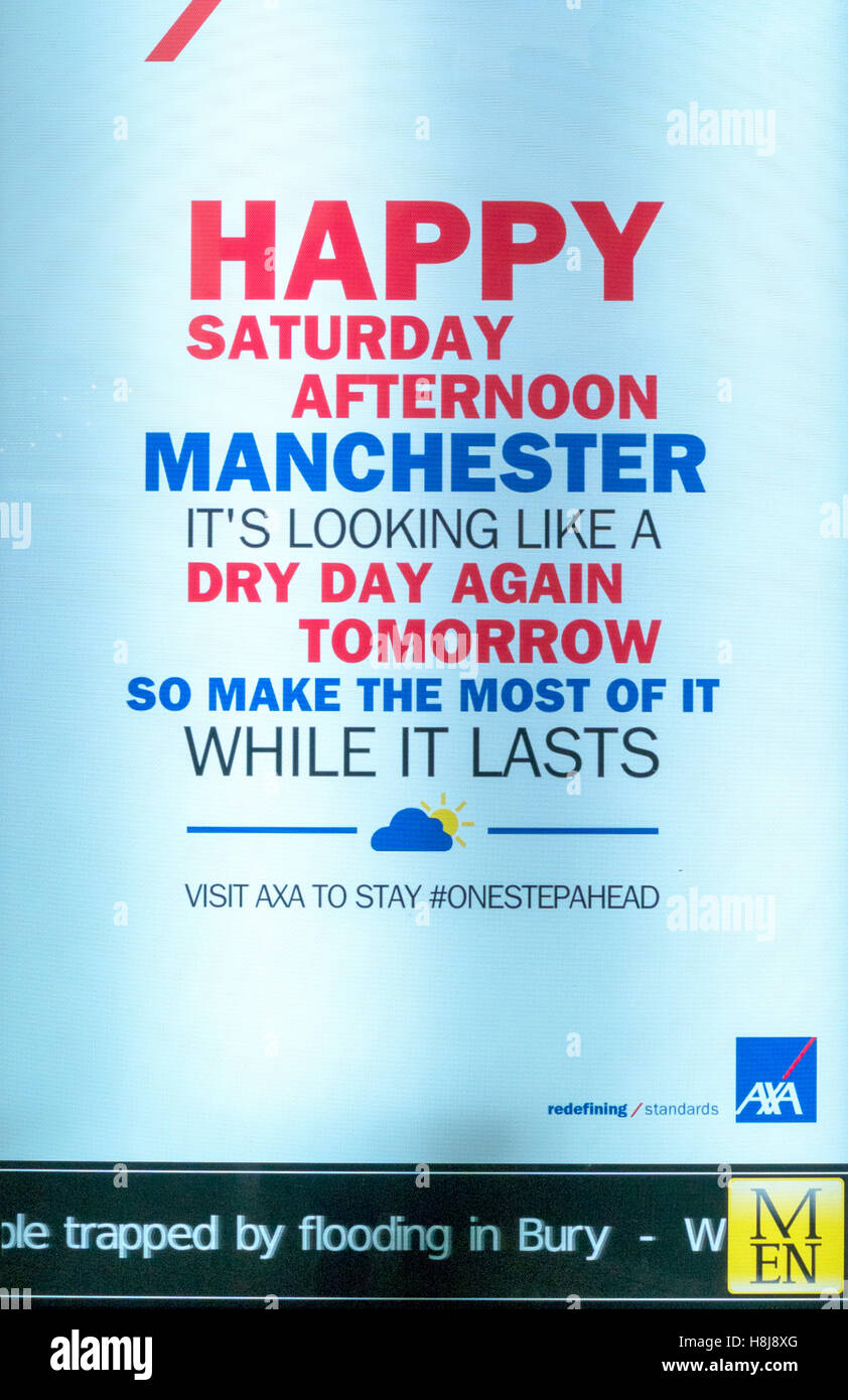 Information sign in Manchester quoting dry day again with 'flooding in ...