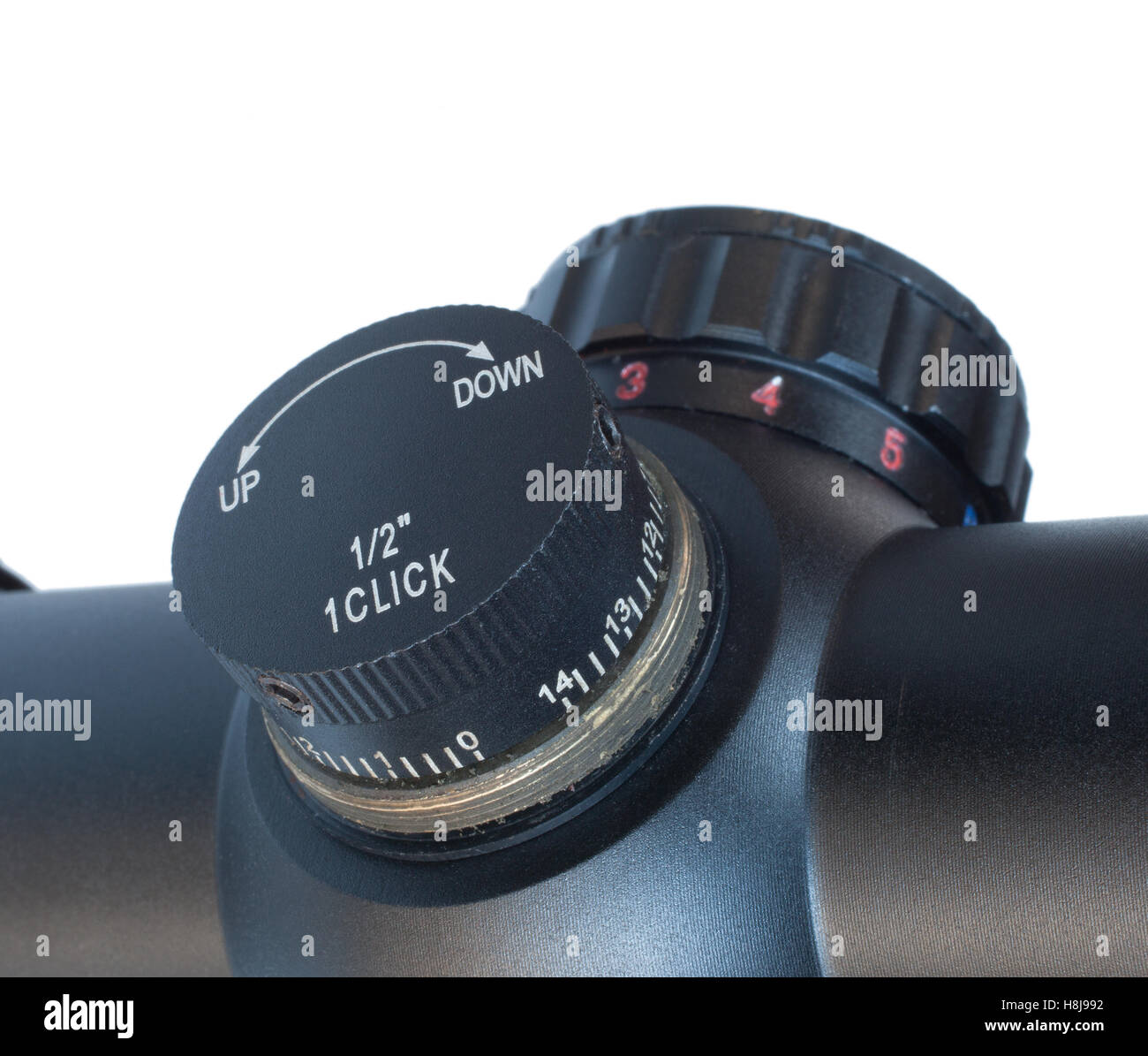 Elevation knob on a riflescope that moves a reticle half an inch per ...