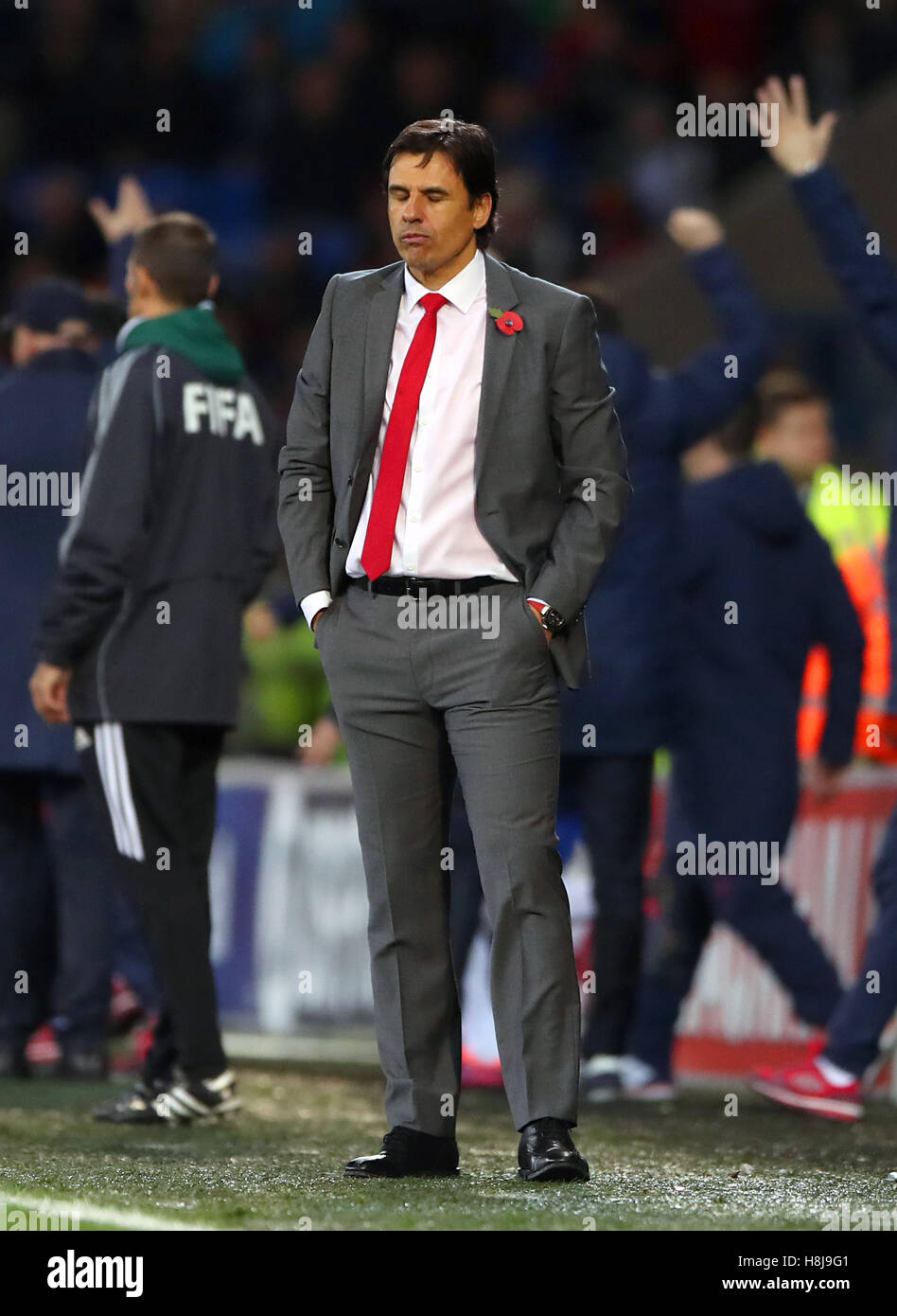 Wales Manager look dejected after the final whistle of the 2018 FIFA ...