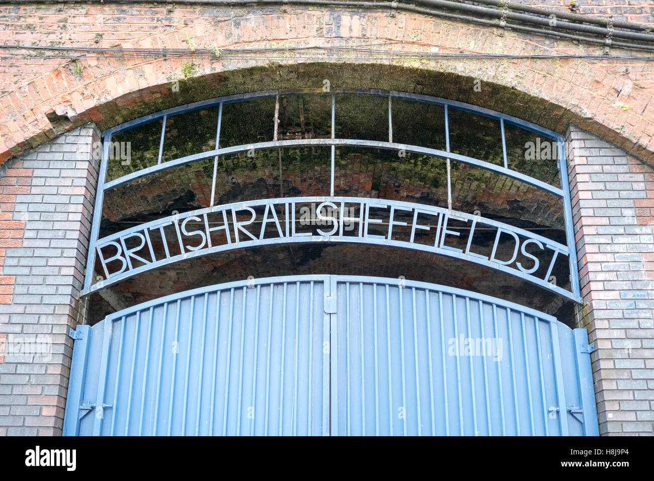 British Rails Sheffield Street blue gates, Manchester, UK Stock Photo ...