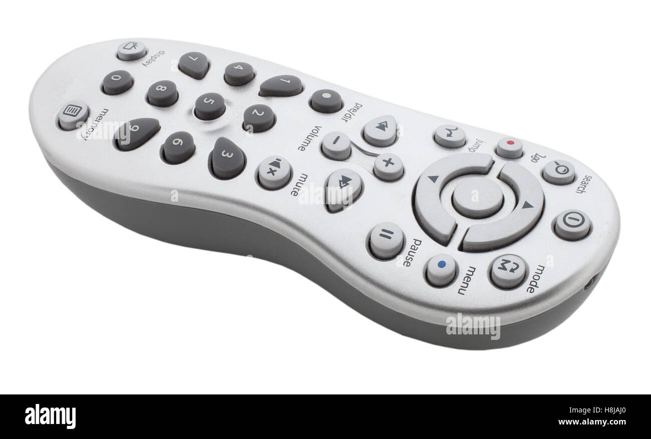 Gray remote control on white for controlling a stereo Stock Photo - Alamy