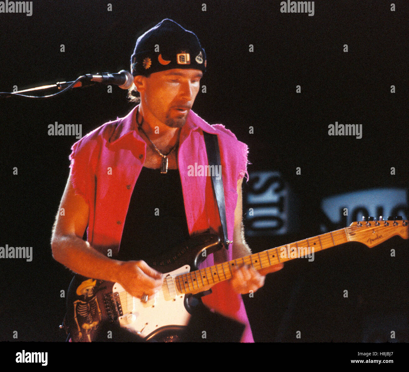 U2 (Edge) performing at Giants Stadium on the Zoo TV tour in 1992 ...