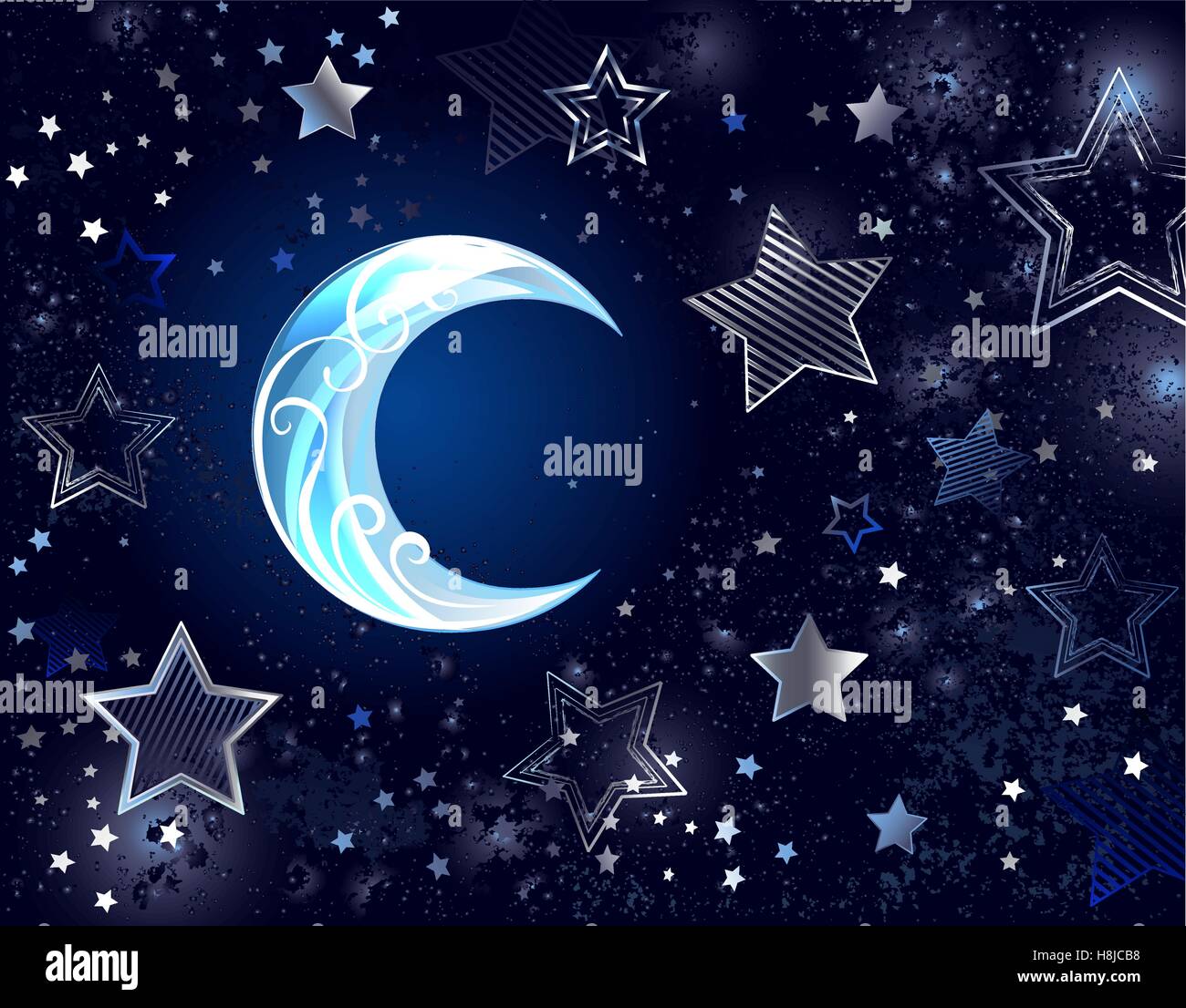 dark night background with blue patterned silver moon and stars Stock ...