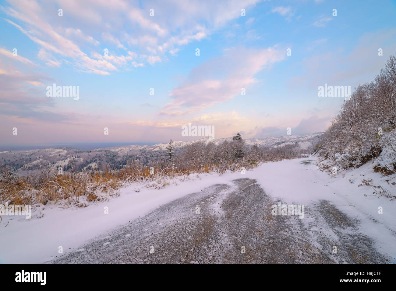 Winter mountain road through the pass, Sakhalin island, Russia Stock ...