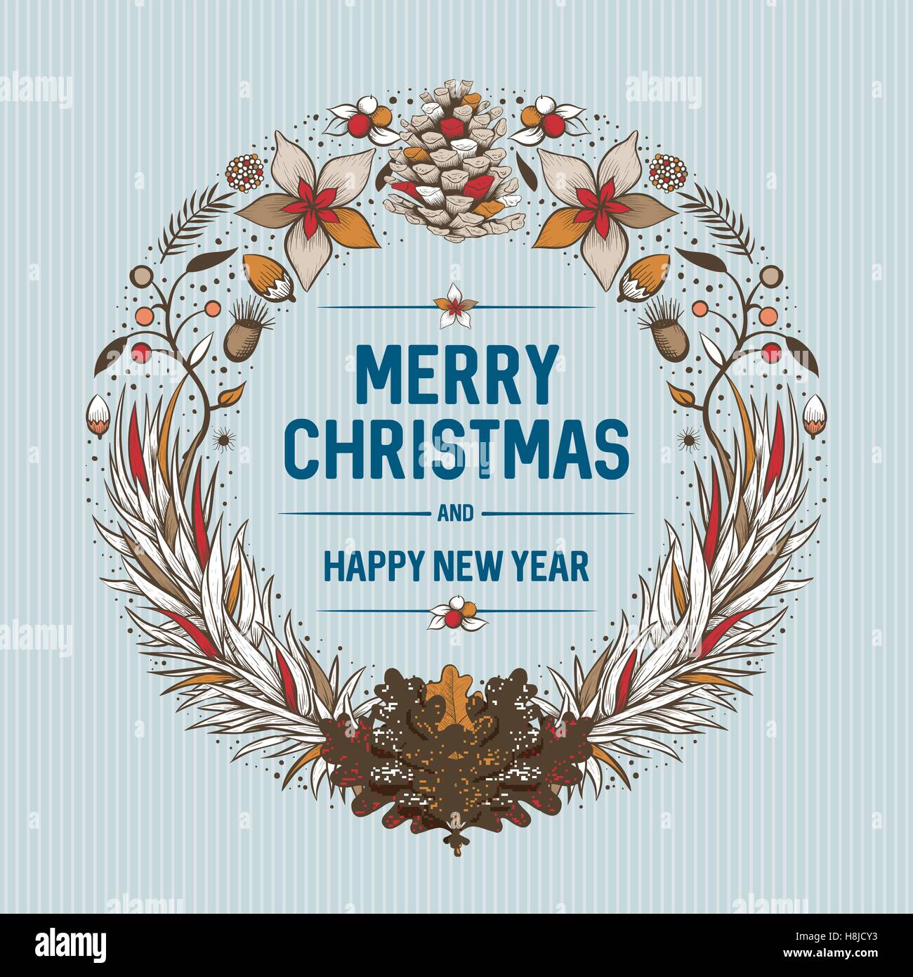 Vector round Christmas frame with hand drawn natural winter elements ...
