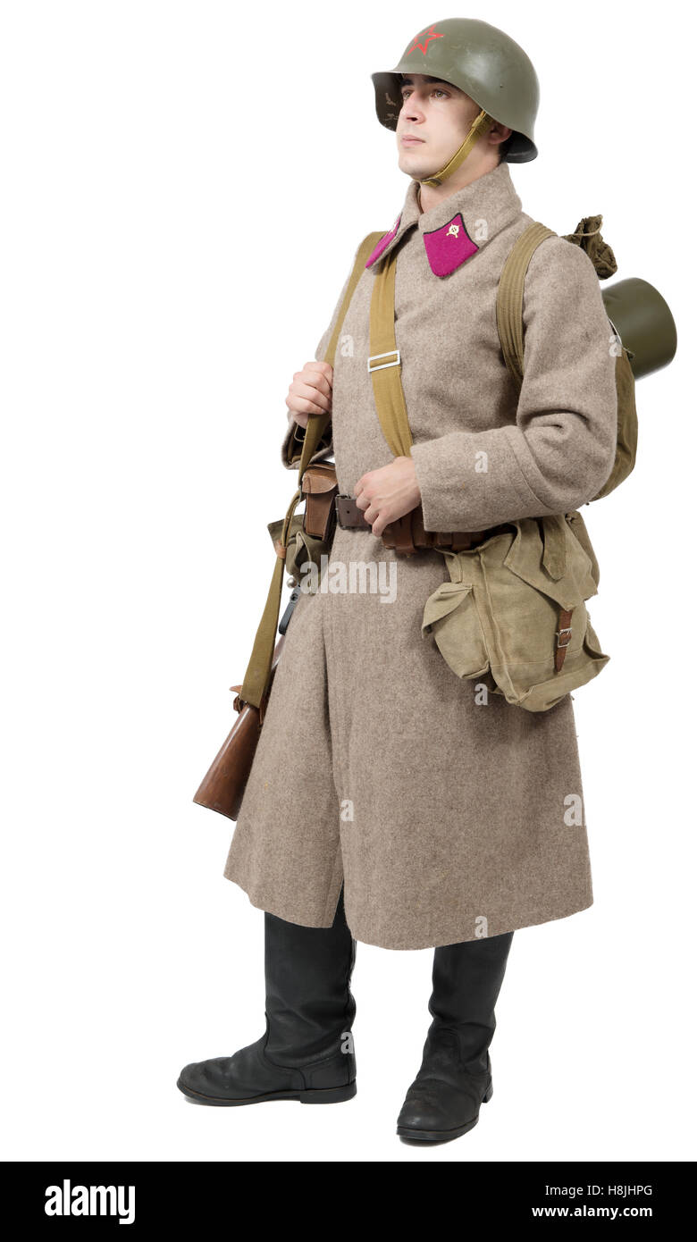 young Soviet soldier with winter uniform isolated on the white ...