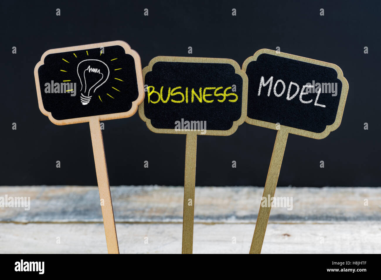 Concept message BUSINESS MODEL and light bulb as symbol for idea written with chalk on wooden ...