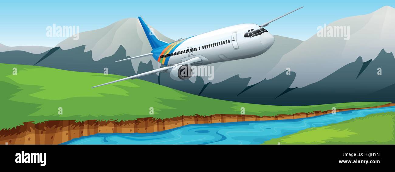 Airplane flying over the river illustration Stock Vector Image & Art ...