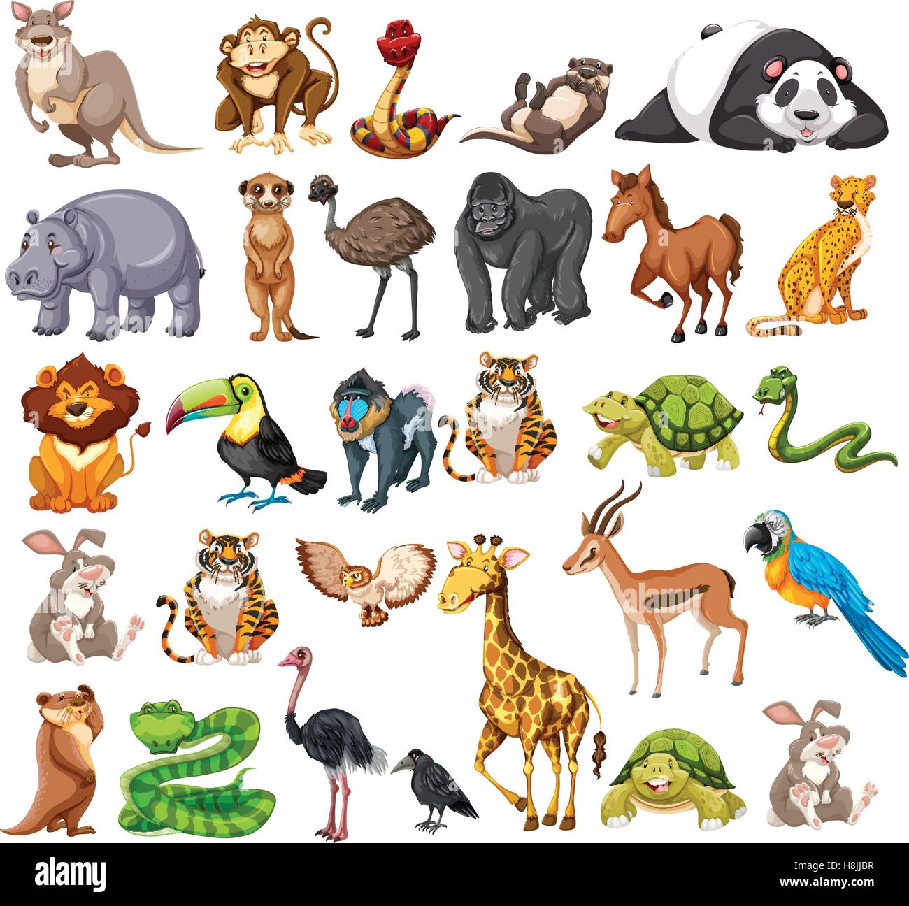 Different types of wild animals on white illustration Stock Vector ...