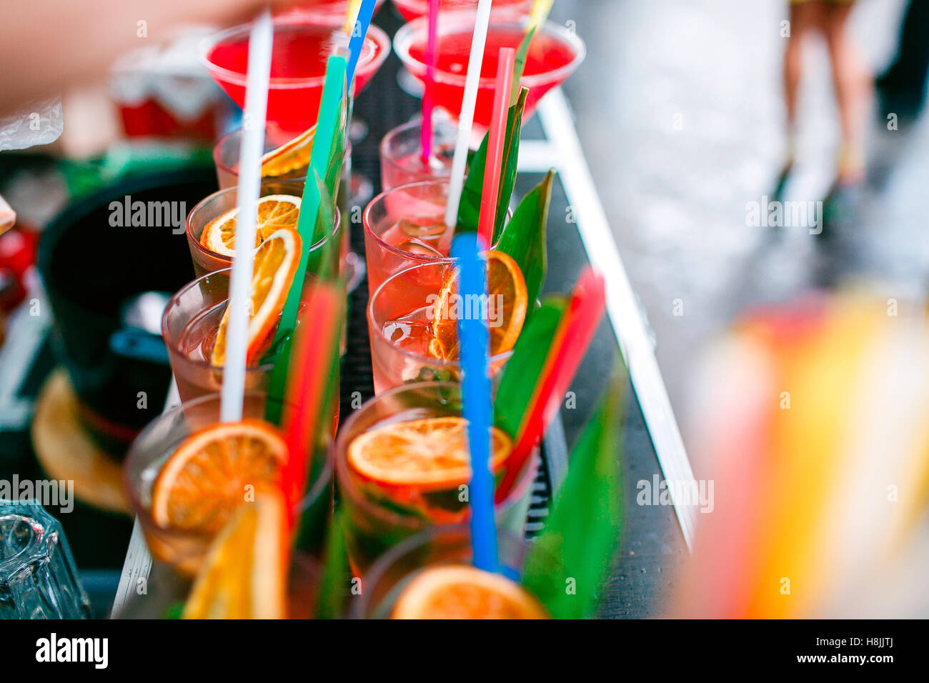 Colorful cocktails close up. an open-air party. after the rain Stock ...