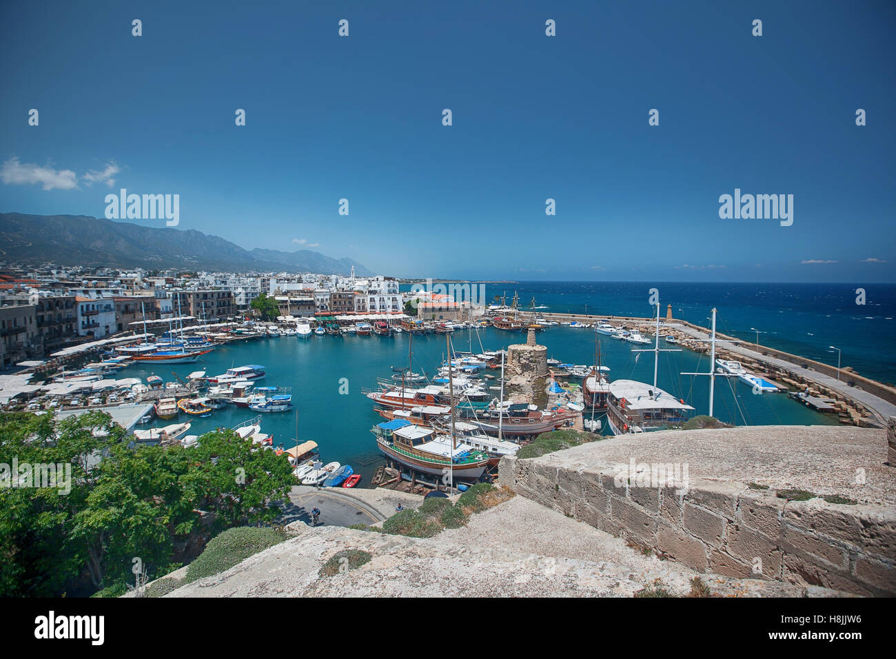 harbour of kyrenia with restorants and boats Girne, North Cyprus Stock ...