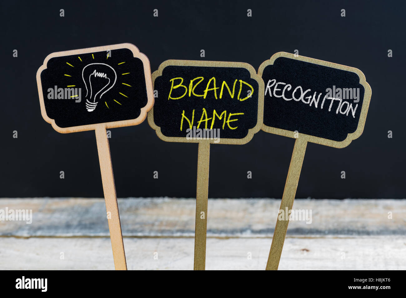 Concept message BRAND NAME RECOGNITION and light bulb as symbol for idea written with chalk on ...