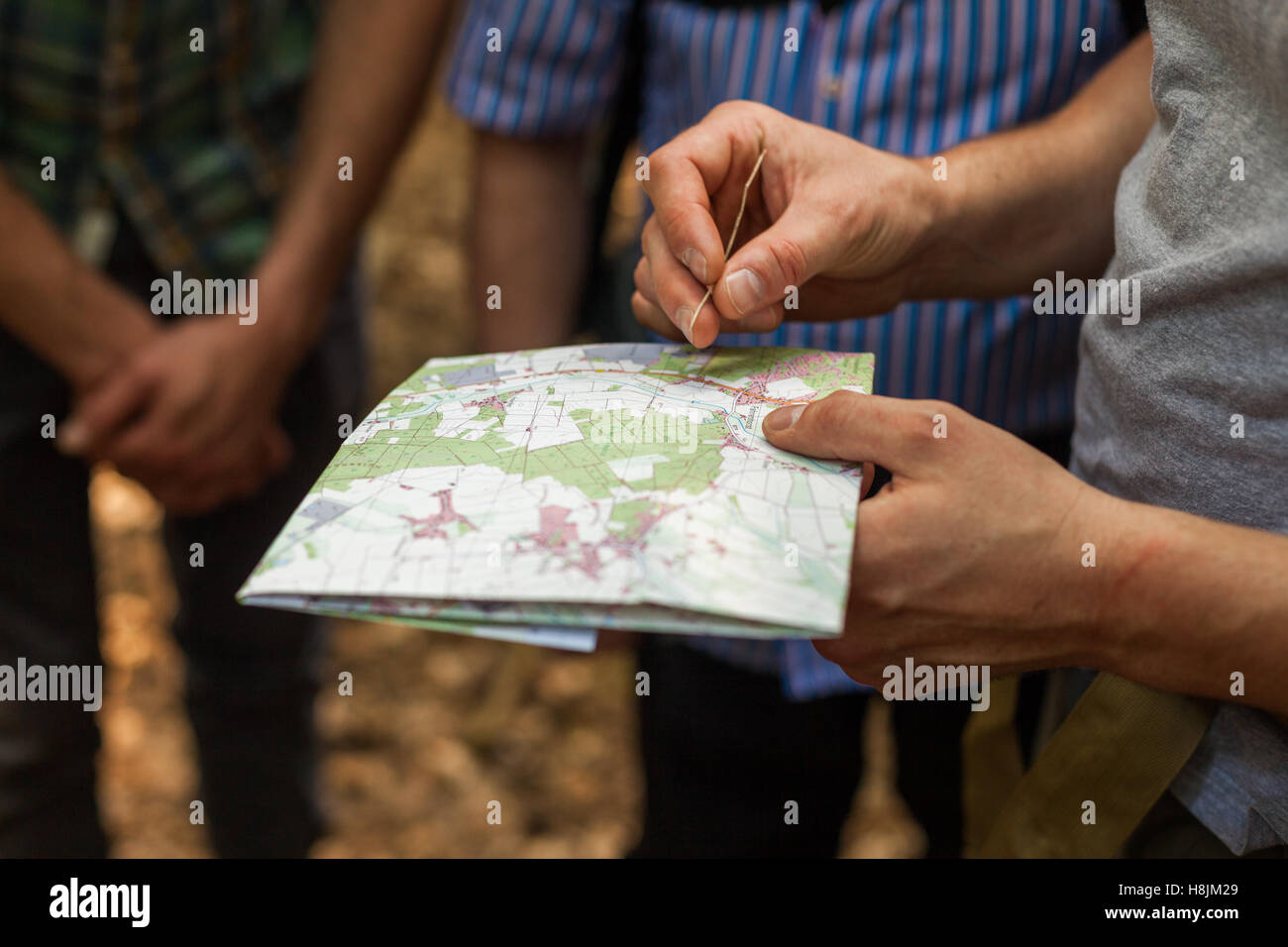 A group of hikers uses map and compass to navigate through the forest ...