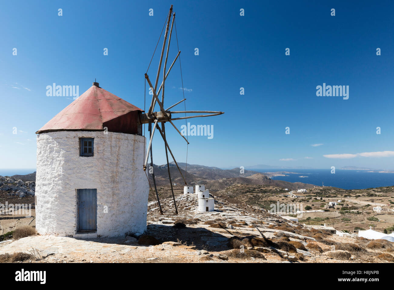 Windmiills on ridge above the village of Chora (Hora) on Amorgos in the ...