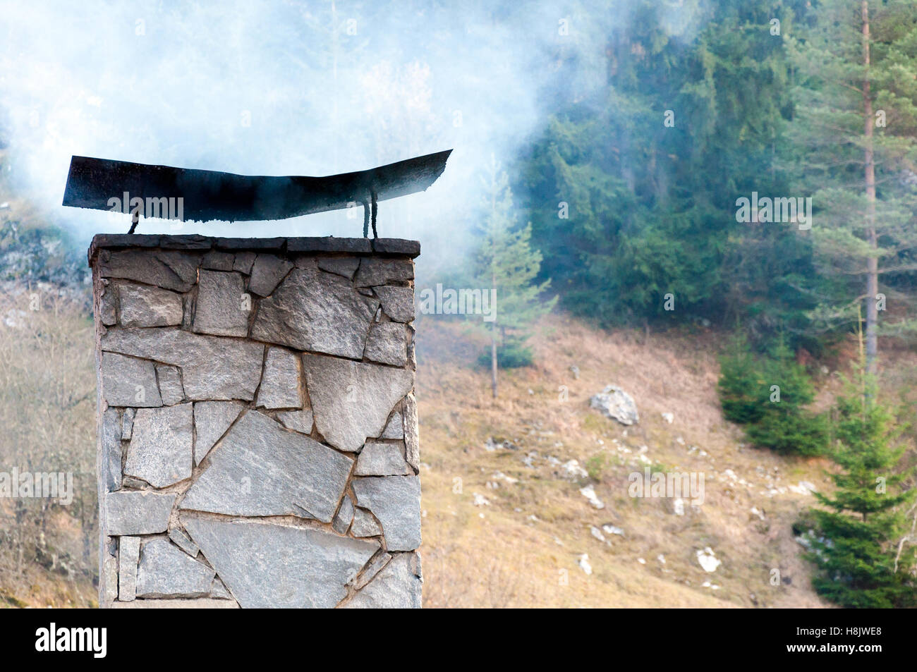 Large smoking chimney made of stone bricks with several pine trees in ...