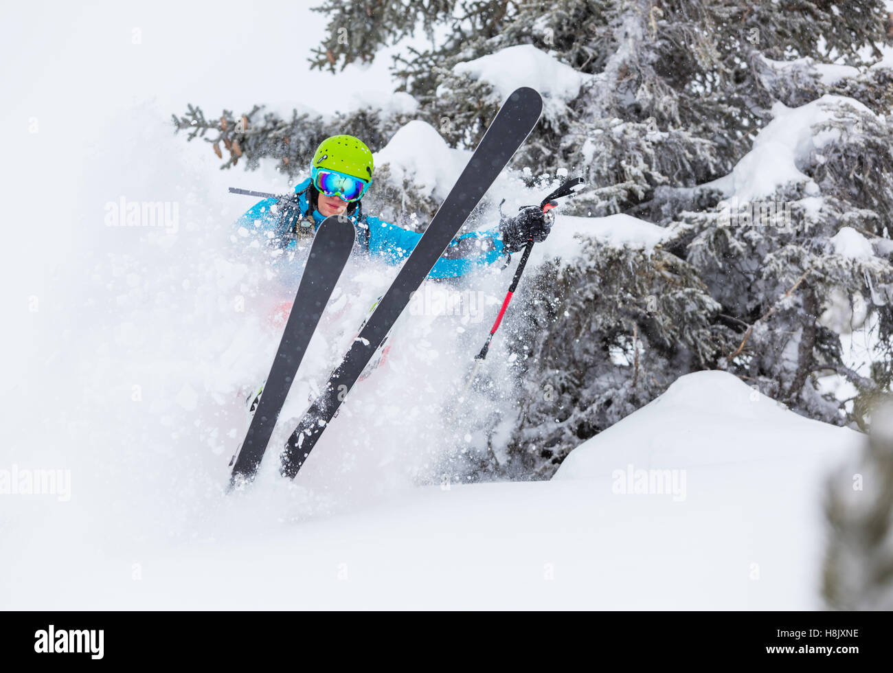 Freeze motion of freerider in deep powder snow, skiing in forest Stock ...