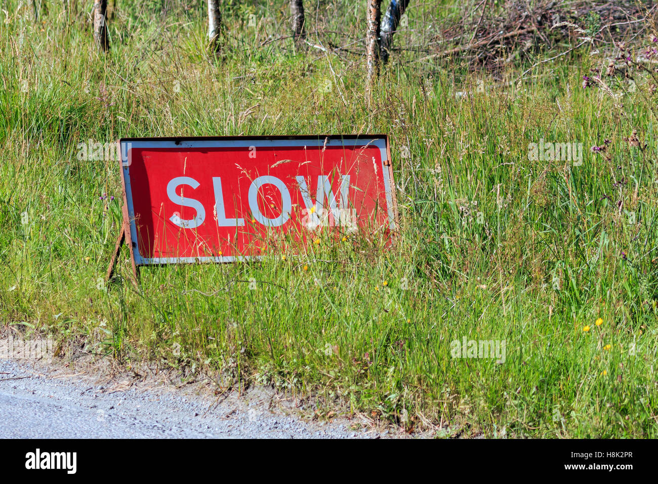 Red road warning sign advising slow speed Stock Photo - Alamy