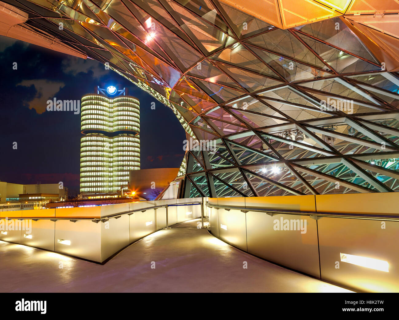BMW World (BMW Welt) in Munich at night, a multi-functional customer ...