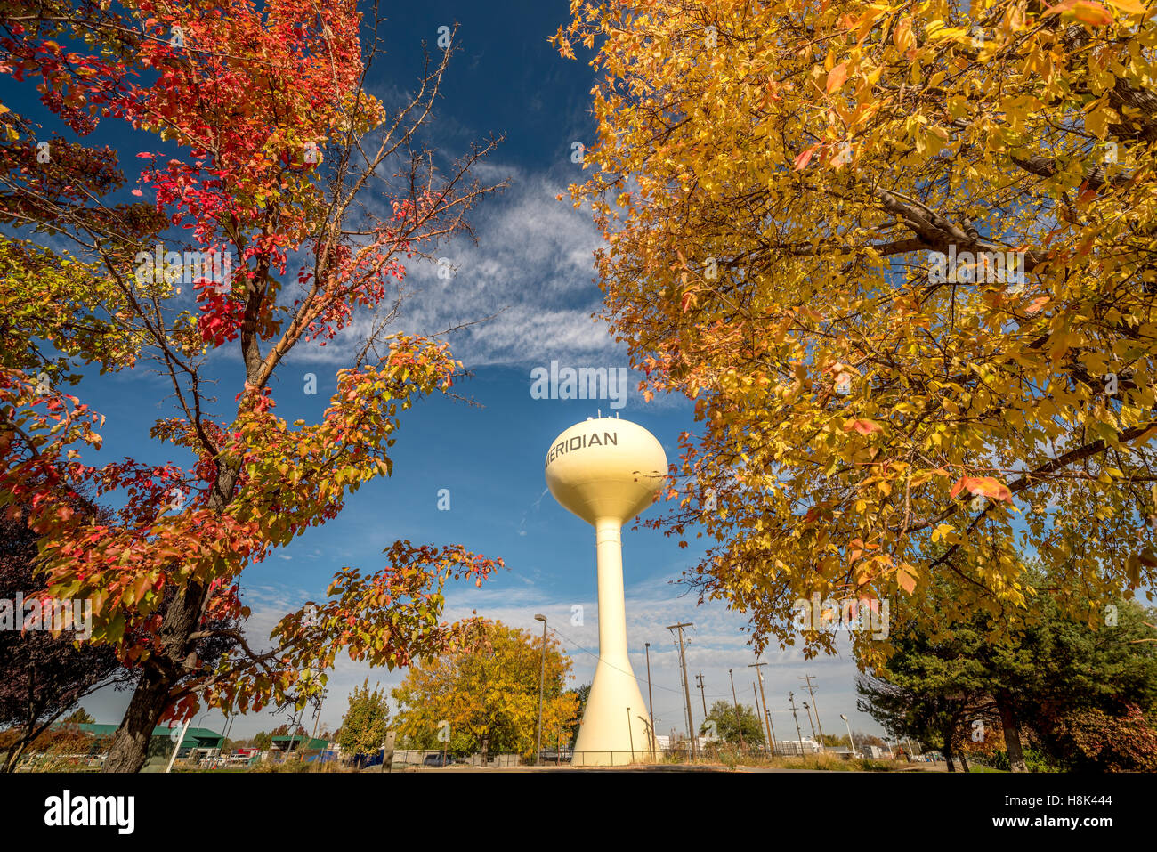 Yellow water tower in Meridian Idaho with fall trees Stock Photo - Alamy
