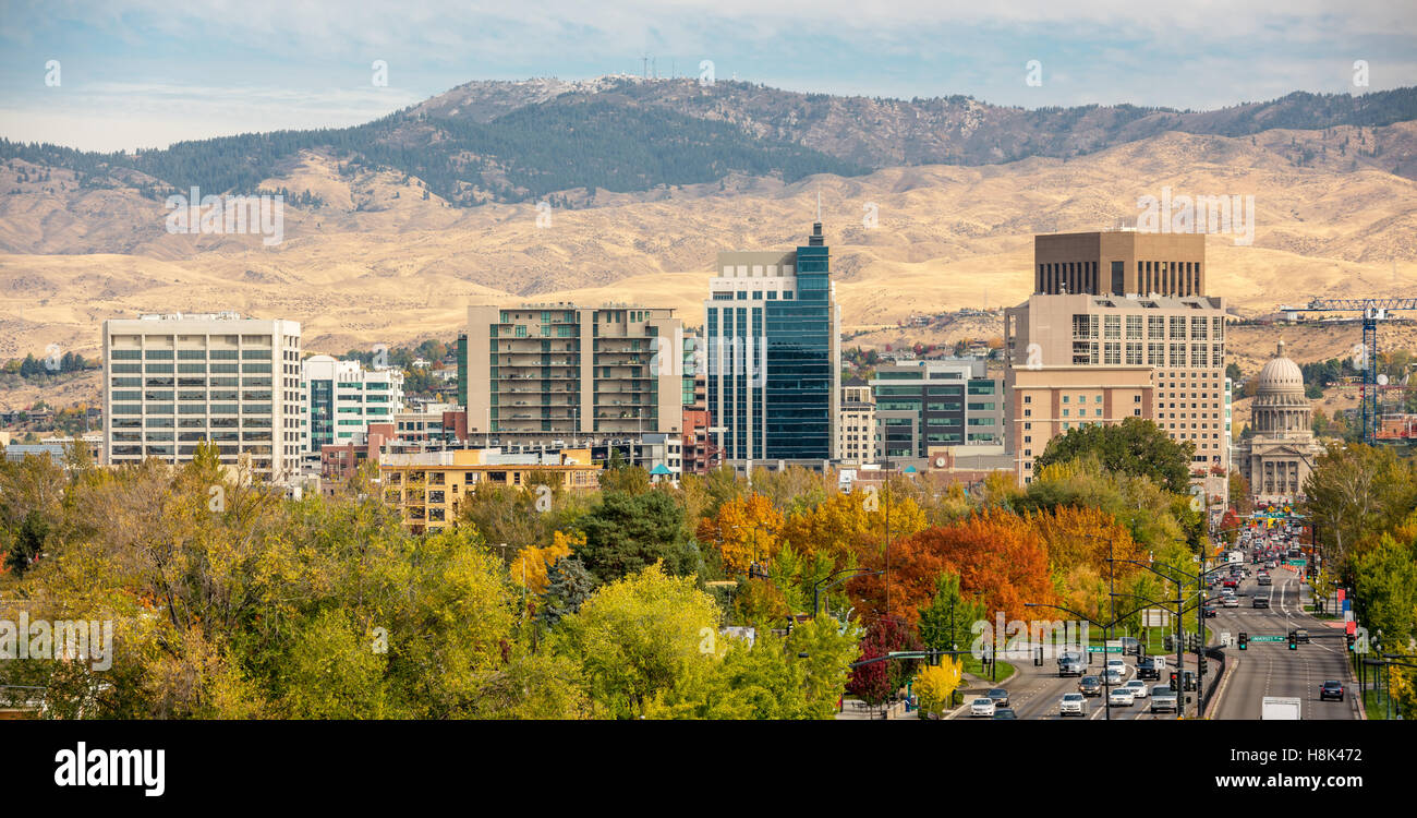City of trees Boise Idaho with full autumn colors and capital building ...