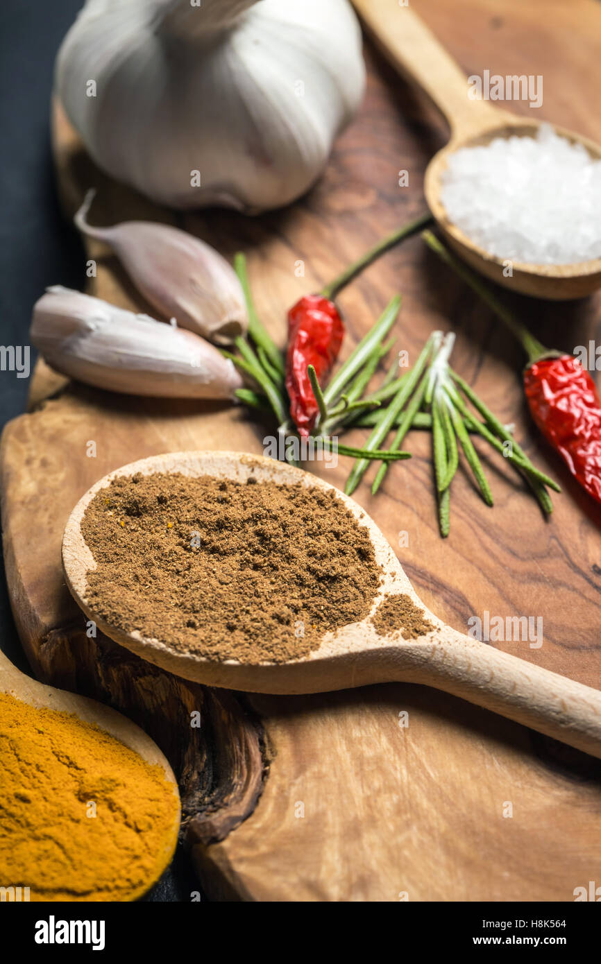 Spices on rustic wooden table. Overhead view food photography Stock ...